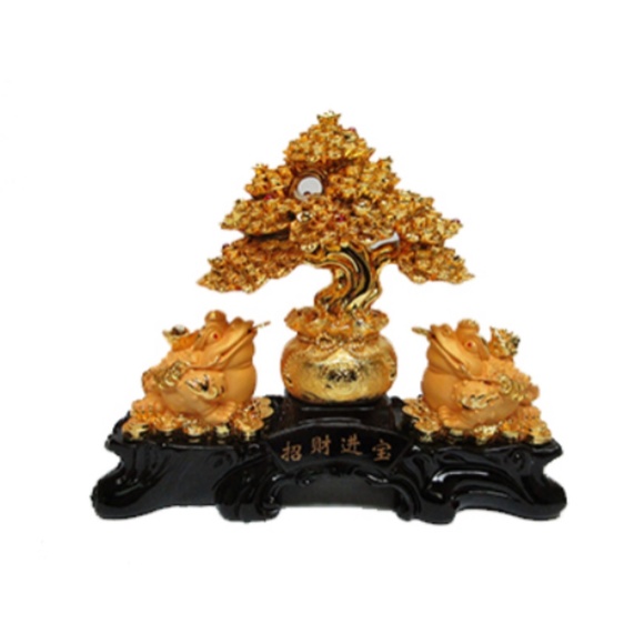 Art | Feng Shui Fortune Gold Tree With 2 Money Toads With Stand Statue ...